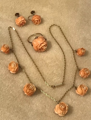 19th Century Antique Victorian 14K Gold Carved Salmon Coral Roses ...