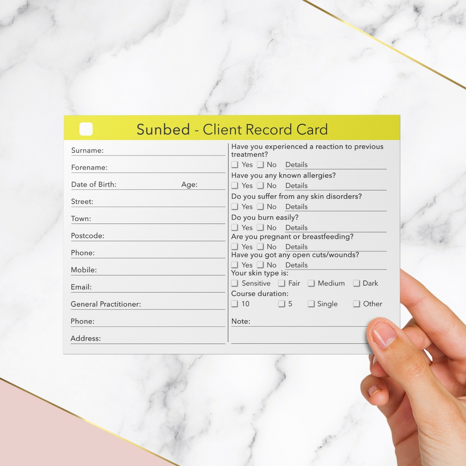 Sunbed Client Record Card Treatment Consultation Salon Solarium A6 ...