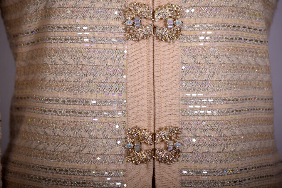 ST.JOHN Women Knit Tan Gold Shimmer Sequins Rhinestone Jacket Skirt Sz ...