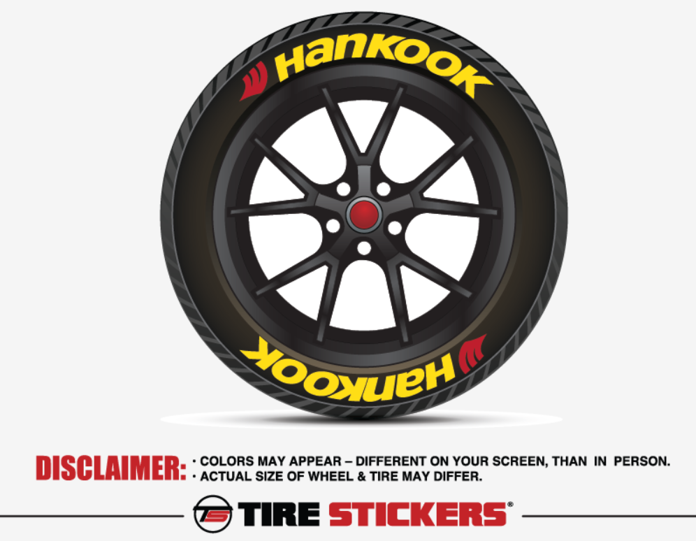 (8) "HANKOOK" - 1.5" For 18" - in YELLOW with RED Logos (PERM. TIRE ...