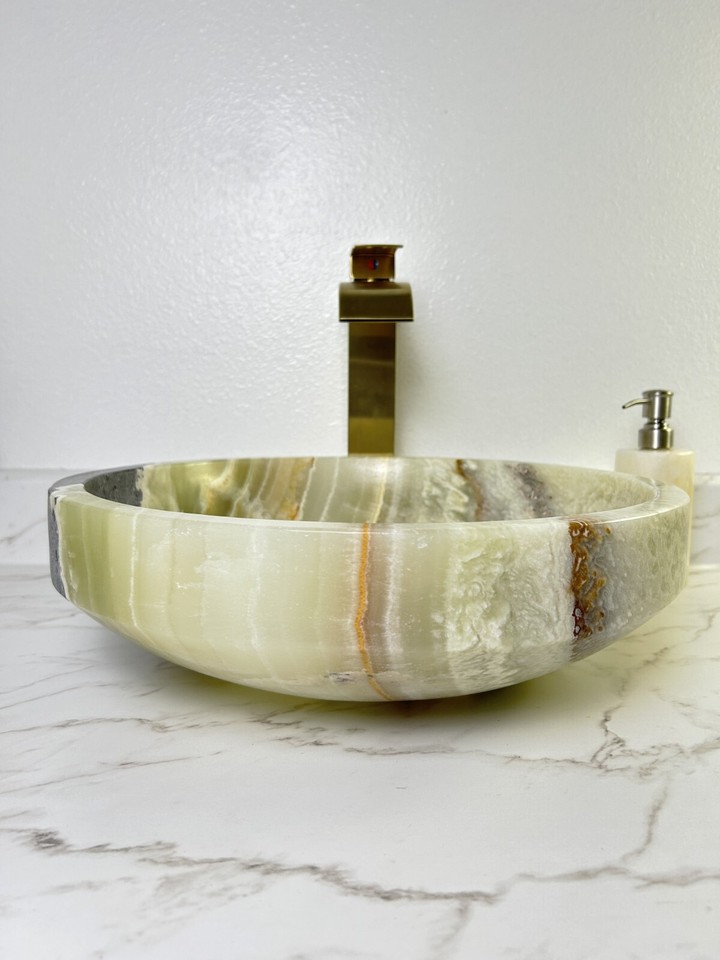 Onyx Vessel Bathroom Sink, Round Green Onyx Natural Stone Hand Basin ...