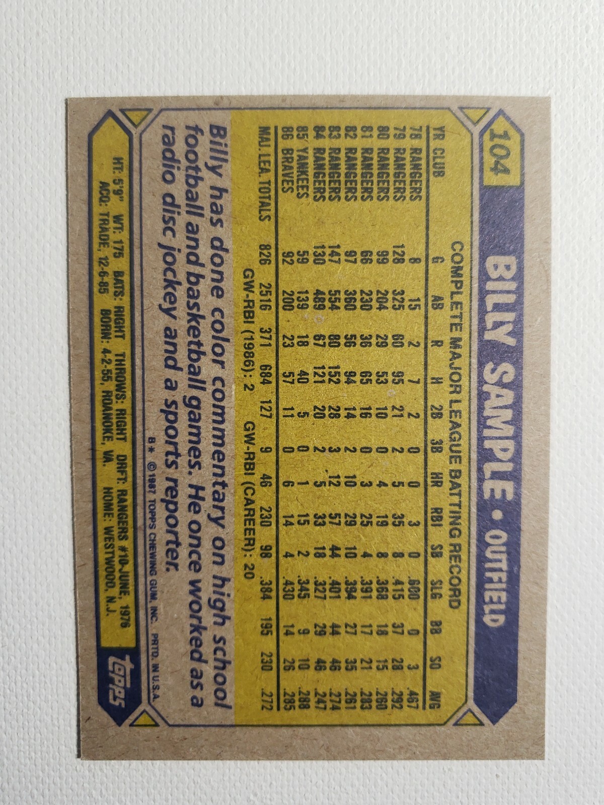 1987 Topps Billy Sample Autograph Rangers Yankees Braves Auto Card #104 ...