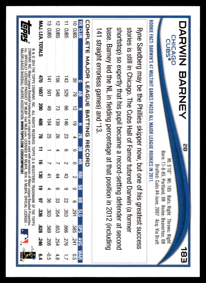 2014 Topps #183 Darwin Barney Chicago Cubs | eBay