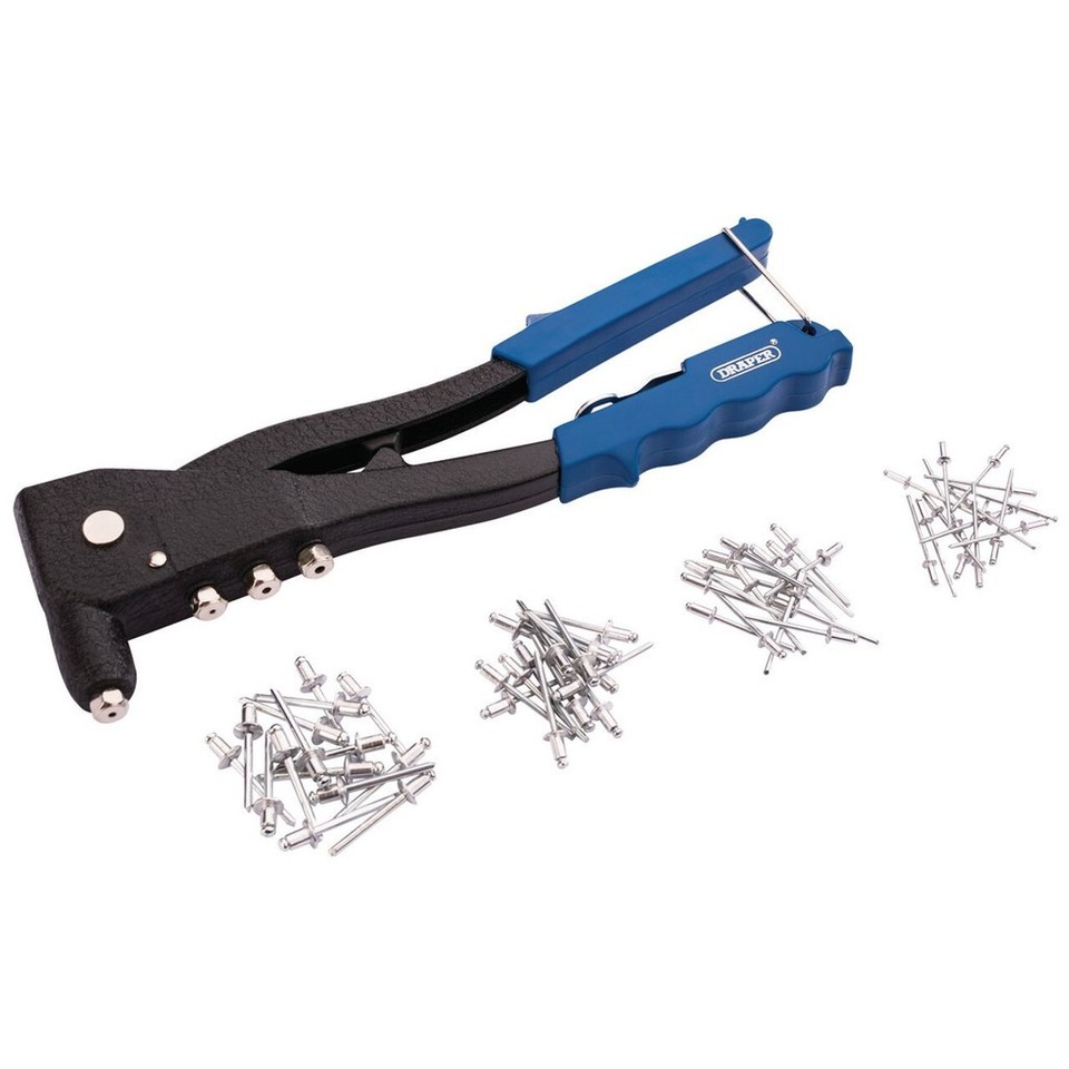 DRAPER TOOLS HAND POP RIVETER RIVETING GUN KIT + 100 ASSORTED RIVETS ...