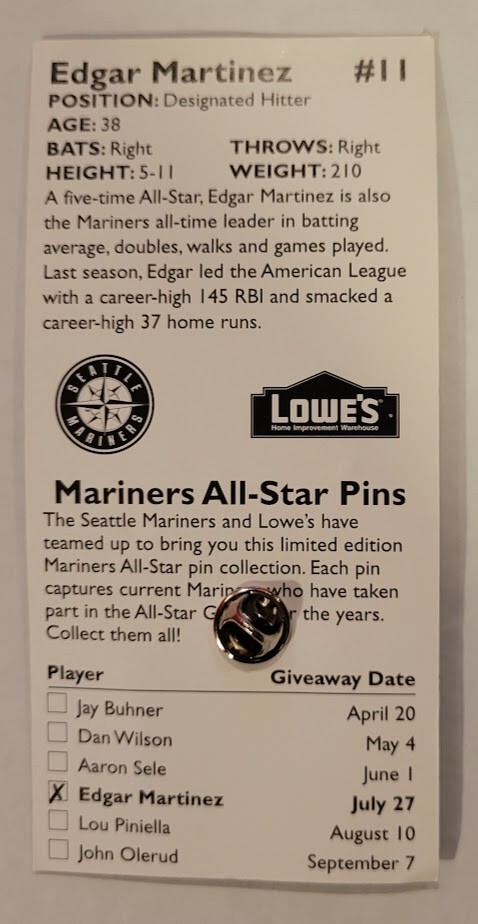 SEATTLE MARINERS * EDGAR MARTINEZ #11 * ALL-STAR PIN * LIMITED EDITION ...