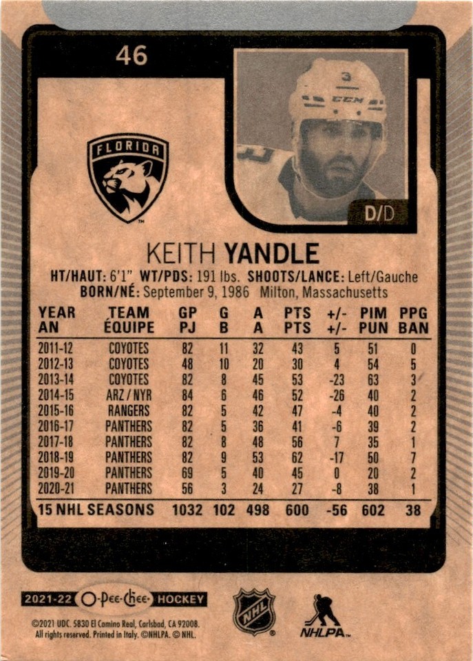 2021-22 O-Pee-Chee Keith Yandle Florida Panthers #46 | eBay