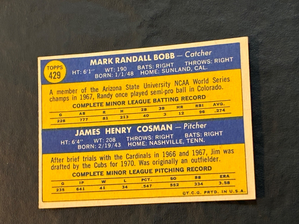 1970 Topps Cubs Rookie Stars Randy Bobb & Jim Cosman #429 (RC) - EX/NM ...