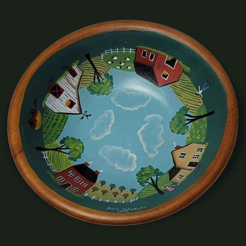Hand painted wood bowl folk art Adah Edwards, 1990, farm scenes | eBay