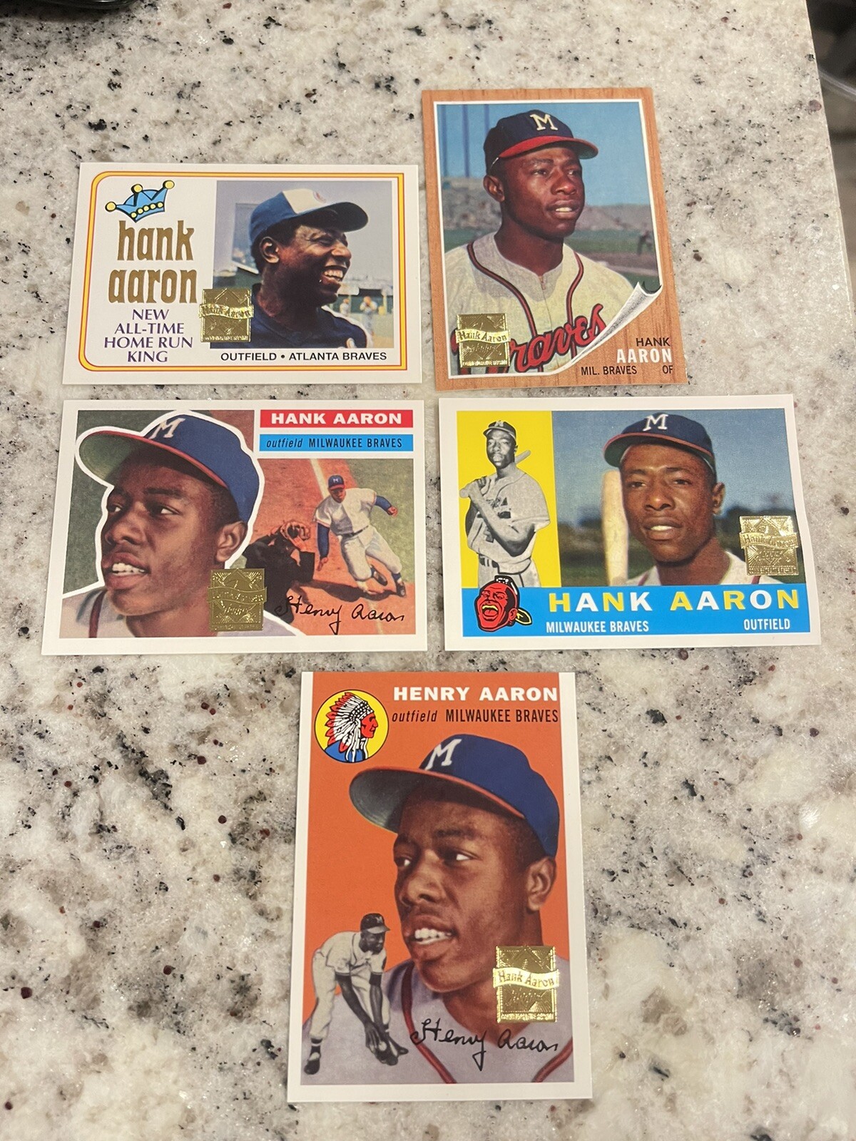 5 CARD LOT - MINT 1999 TOPPS REPRINT HANK AARON 1954 1960 1956 1962 ...