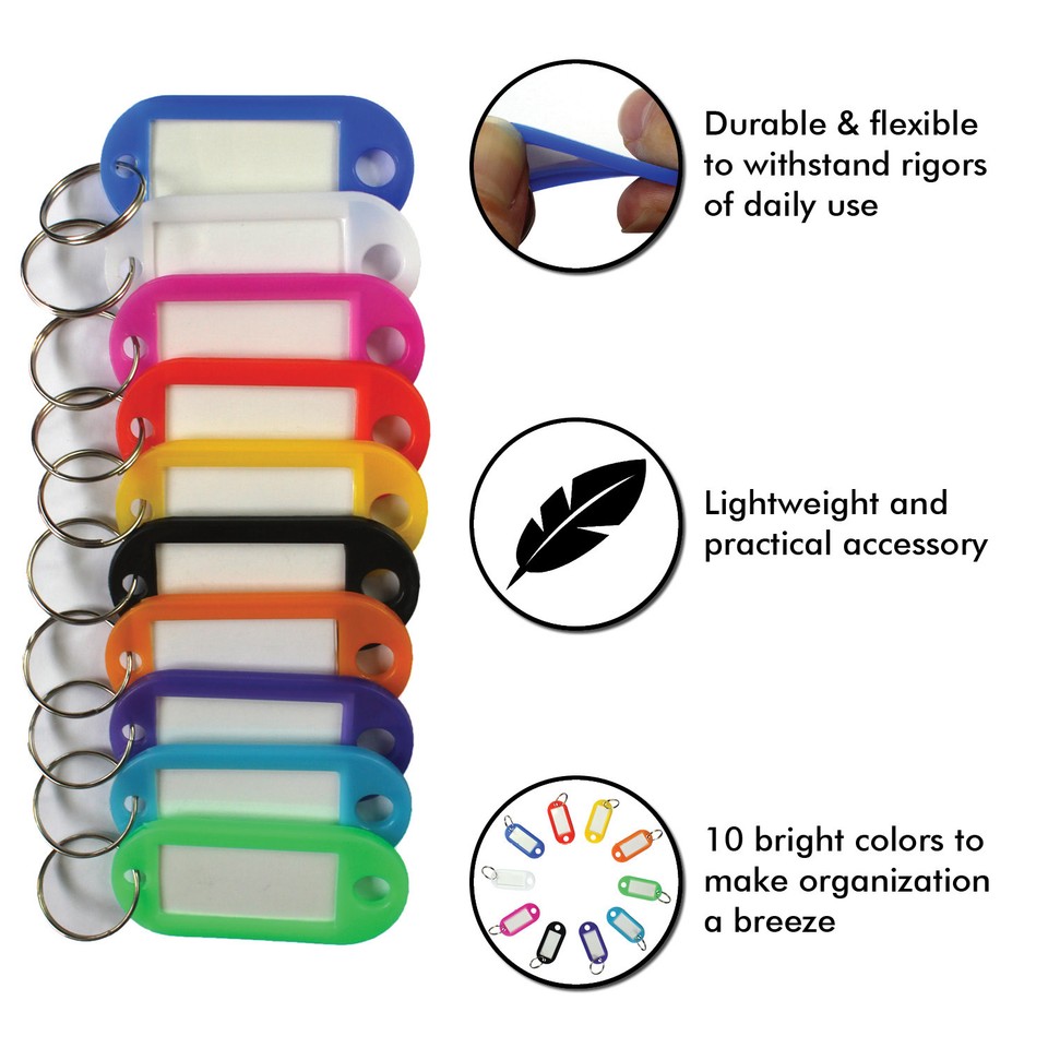 100pack Tough Plastic Key Tags with Split Ring Label Window, Coded ID ...