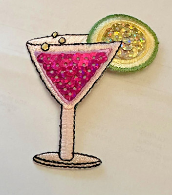 Sequined Martini Drink w lime slice Iron on Patch Applique 2 3/8" w x 2 ...