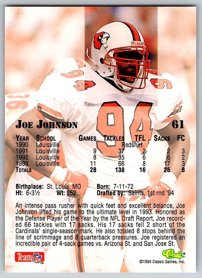 1994 CLASSIC NFL DRAFT JOE JOHNSON NEW ORLEANS SAINTS #61 | eBay