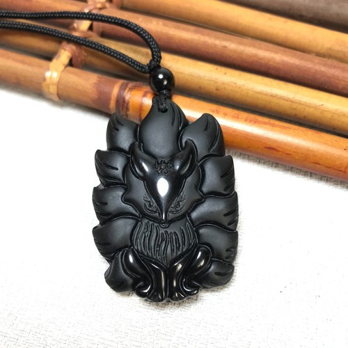 Black Obsidian Necklace Fox Pendant 9 ailed Fox Amulet Talisman Jewelry ...