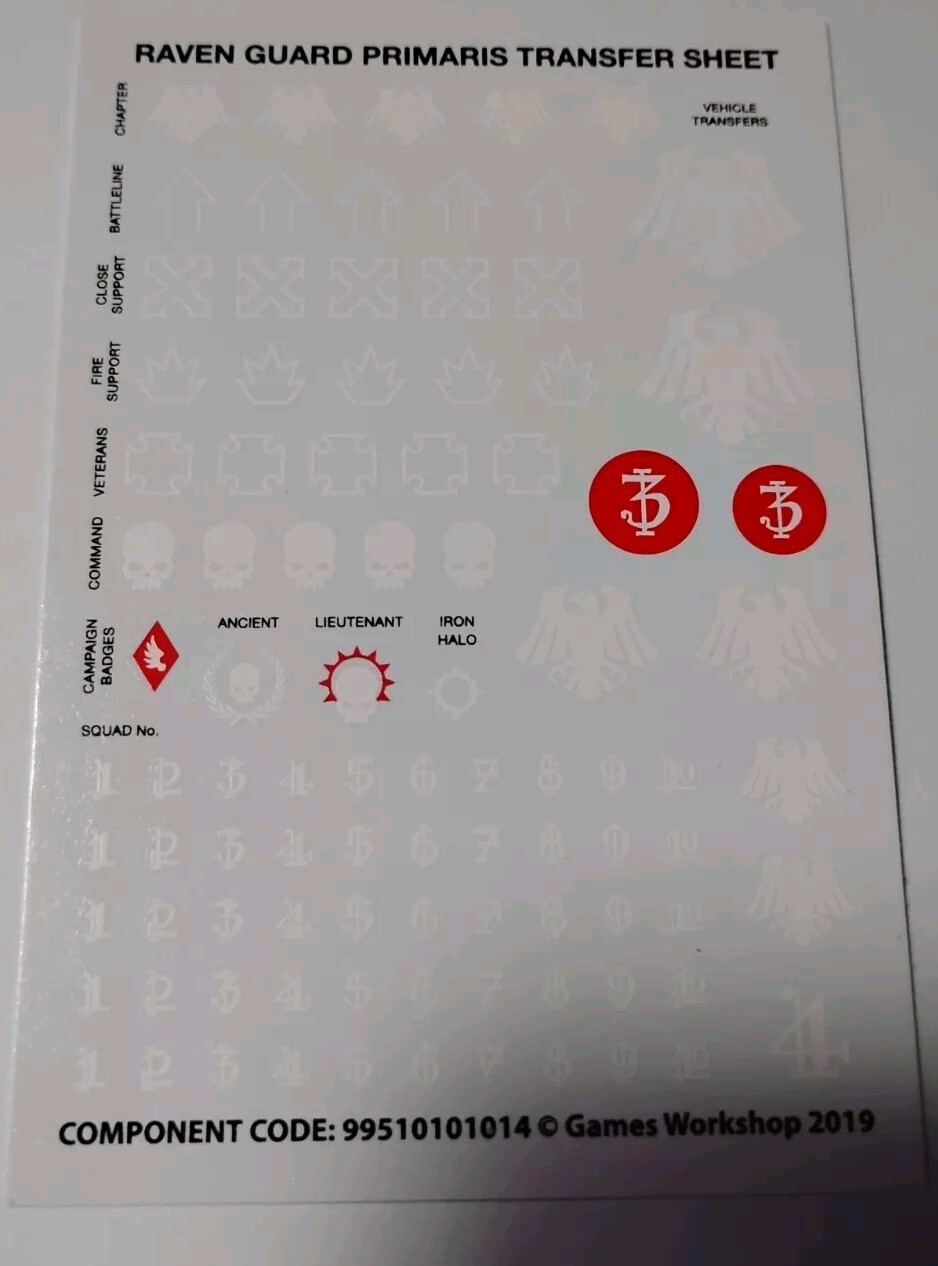 Primaris Raven Guard Transfer Sheet Upgrades Decals Warhammer 40K Space ...