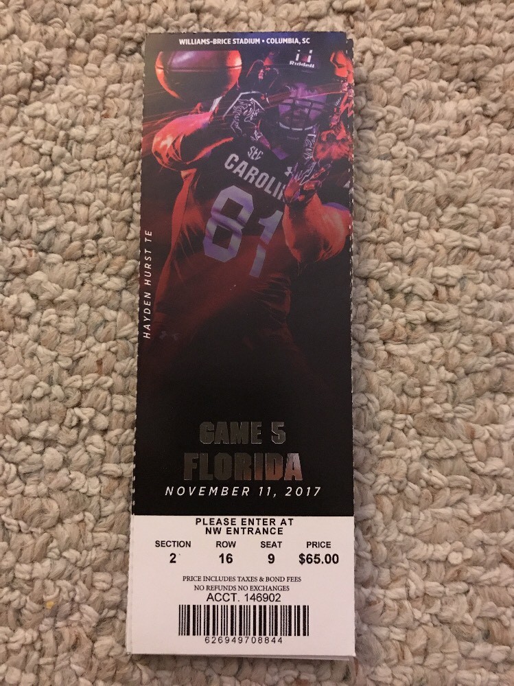2017 SOUTH CAROLINA GAMECOCKS VS FLORIDA GATORS FOOTBALL TICKET STUB 11 ...
