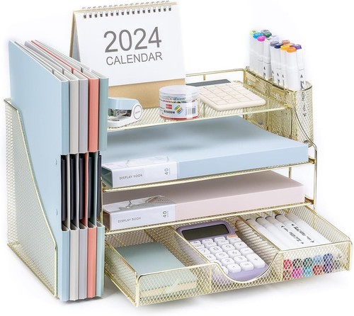 4-Tier Mesh Desk Organizer with Drawer, File & Pen Holders - Gold | eBay