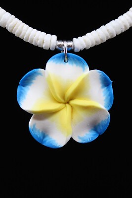 Puka Shell Necklace Fimo Plumeria Flower - 18", Seashell - Hawaiian ...