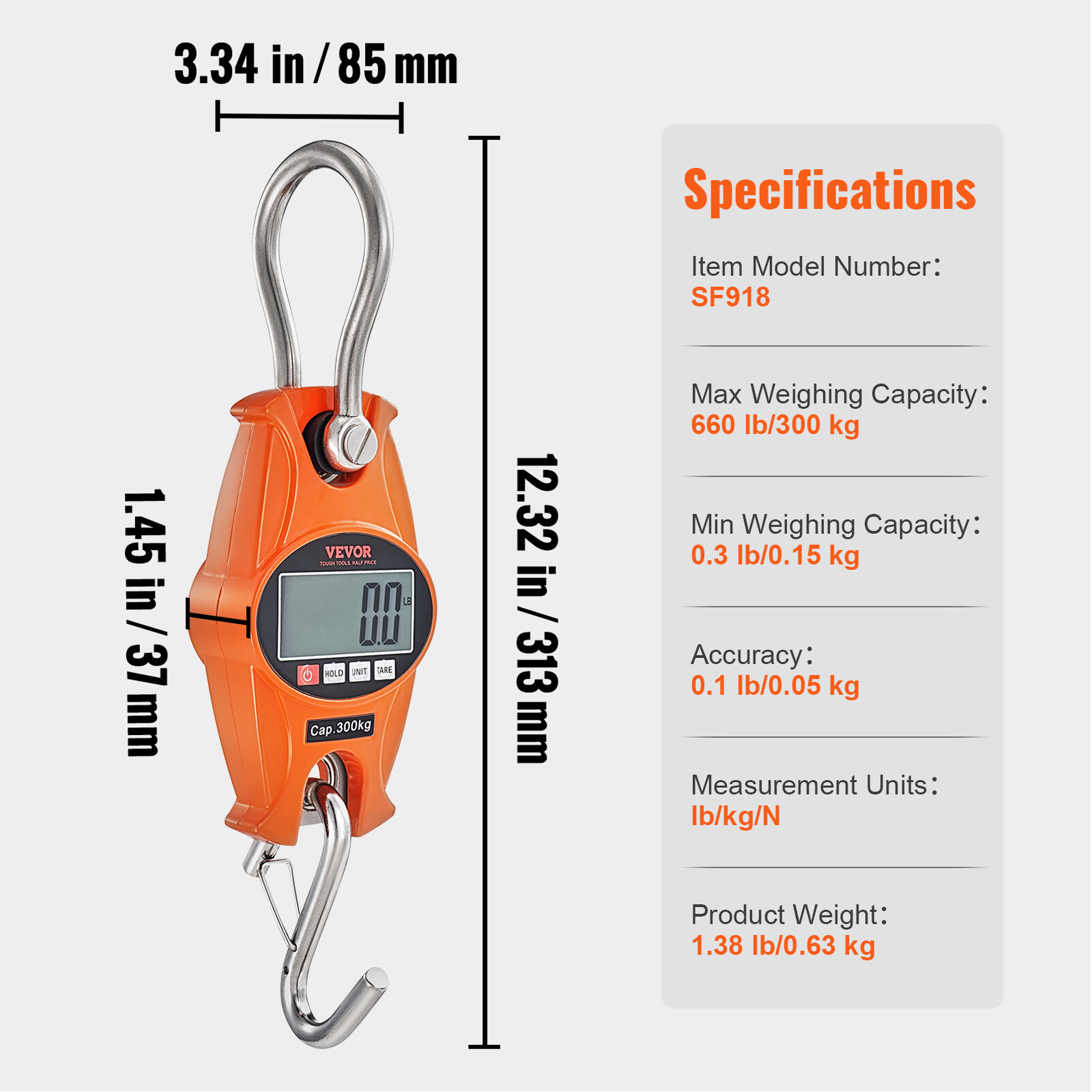 VEVOR Digital Hanging Scale Mini Crane Scale 660 lbs/300 kg Cast ...