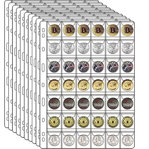 10 Sheets Coin Collection Pages Binder Inserts Sleeves Protectors w/ 42 ...
