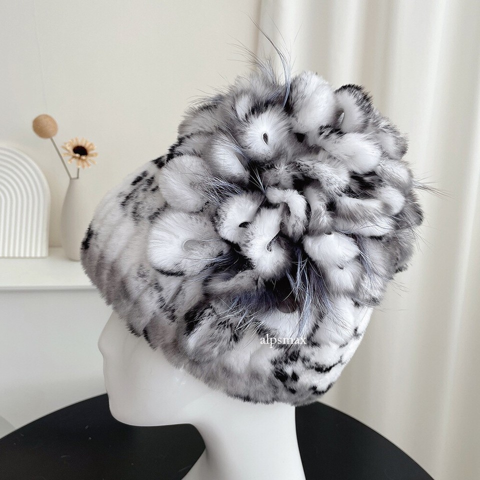 Women's Real Rex Rabbit Fur Hat Warm Knitted Stretch Beanie Winter ...