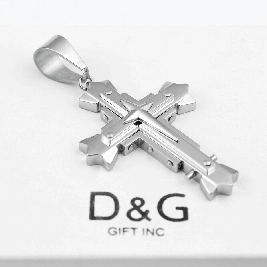 Men's 20" Cuban-Curb Chain.CROSS Pendant 75mm,Stainless-Steel Silver ...