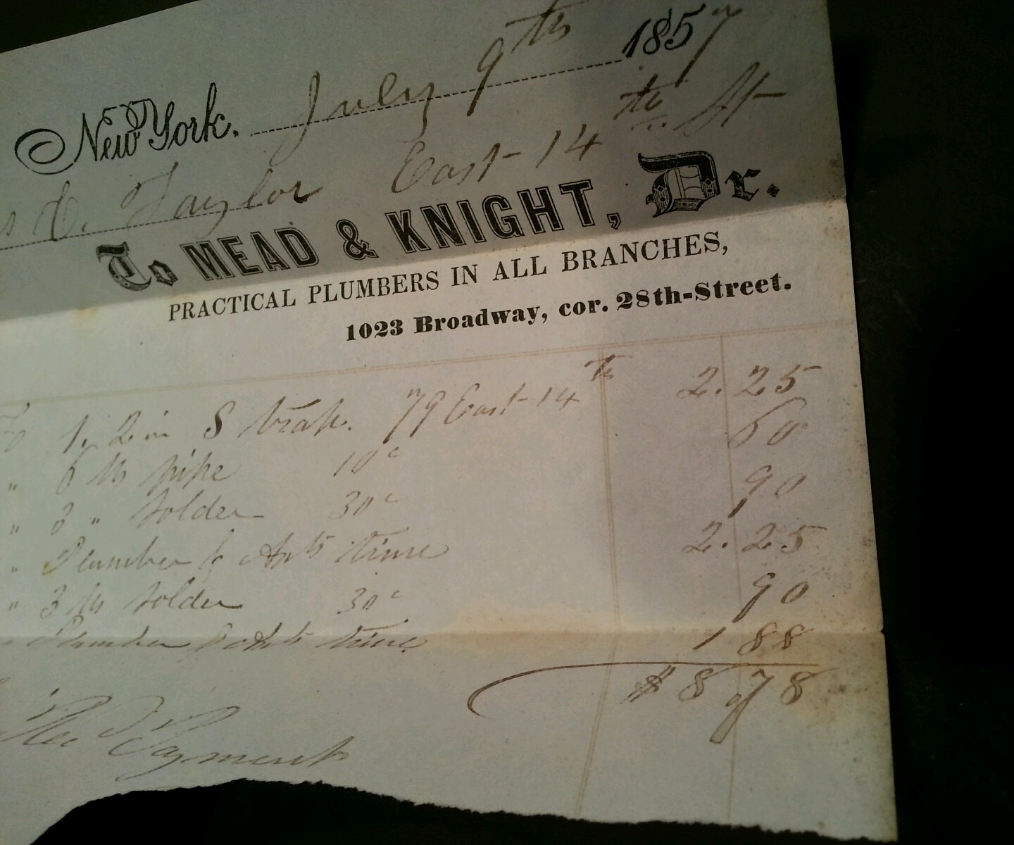 ANTIQUE 1857 PLUMBER BILL BROOKLYN NY 1023 BROADWAY MEAD & KNIGHT PRE ...