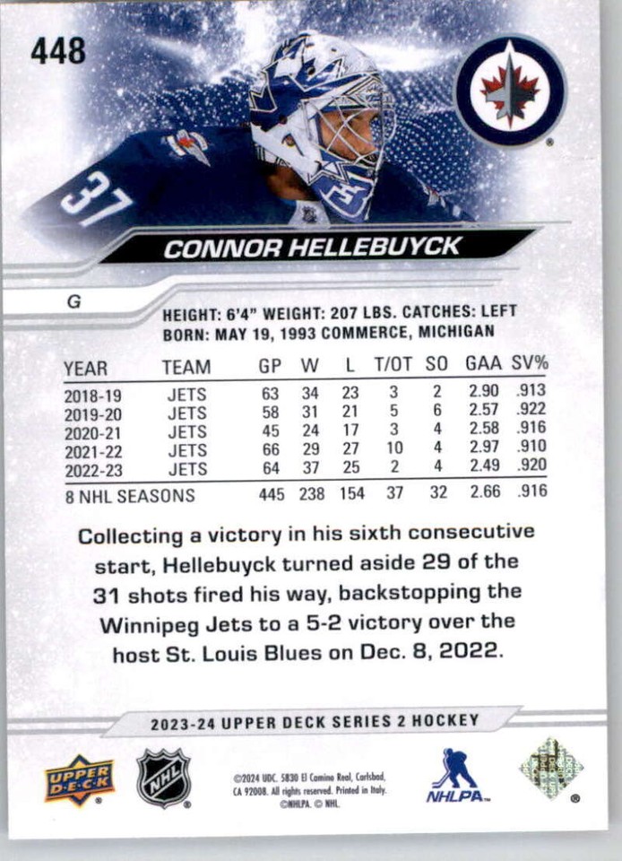 CONNOR HELLEBUYCK 2023-24 Upper Deck #448 NHL Winn Jets ID:95870 | eBay