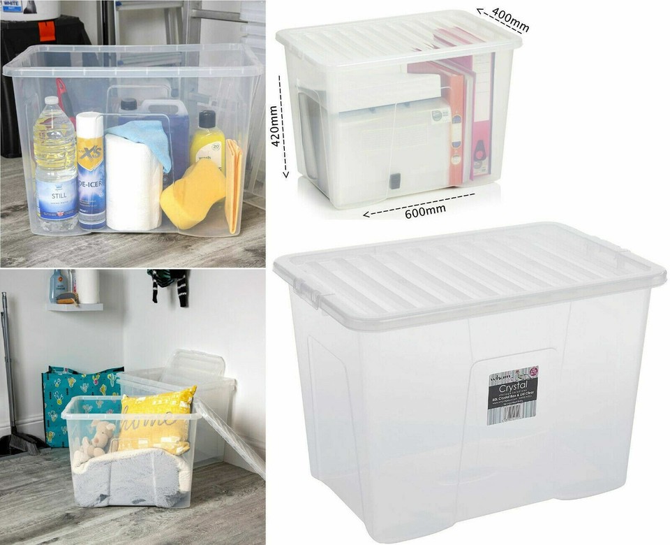 80 Litres CLEAR PLASTIC Large Storage Box With Lids Strong Storage ...
