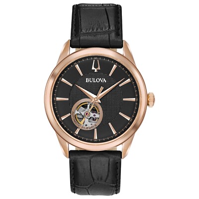 Bulova Men's Classic Automatic Skeleton Black Leather Strap Watch 41 MM ...
