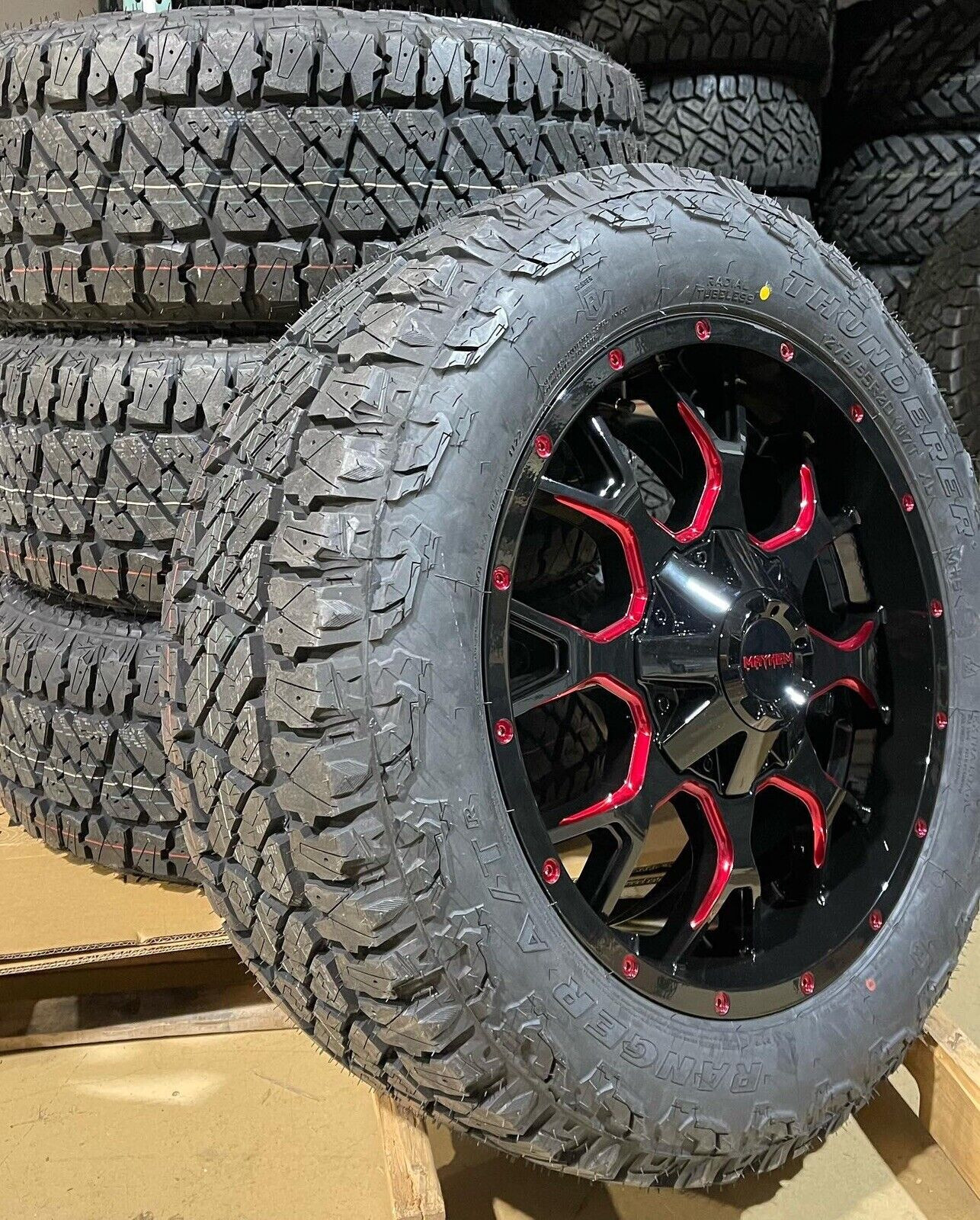 4) 20x9 Mayhem Warrior Red Wheels Rims 32" AT Tires 6x5.5 Chevy ...