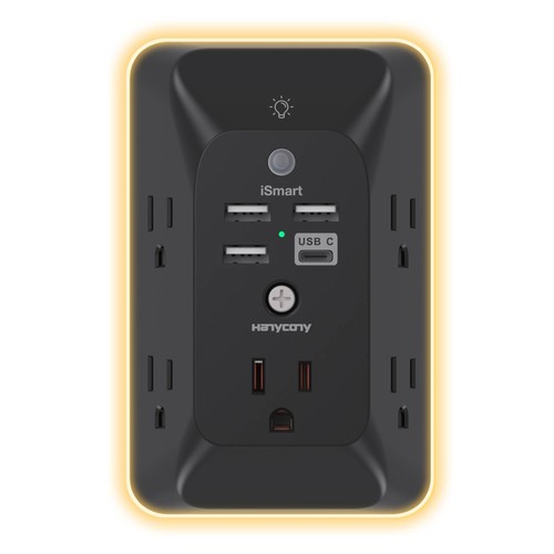 Black Outlet Extender with Night Light, Multi Plug Outlet, USB Wall ...