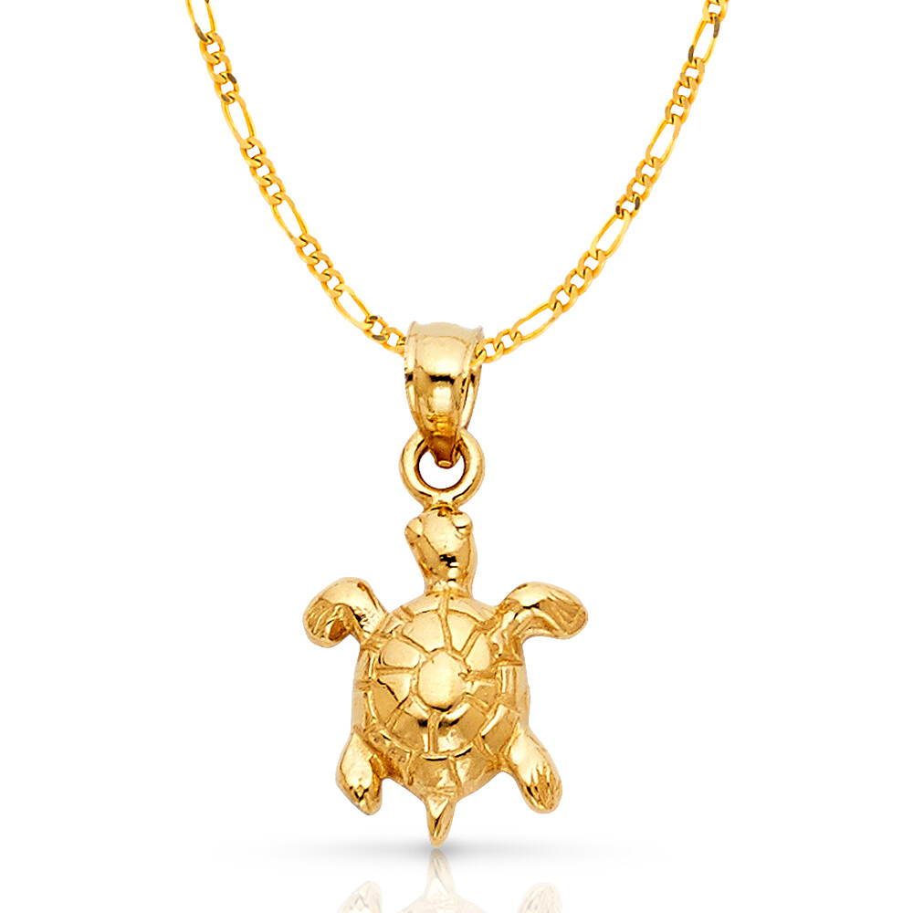 14K Yellow Gold Turtle Charm Pendant with 2.3mm Figaro 3+1 Chain ...