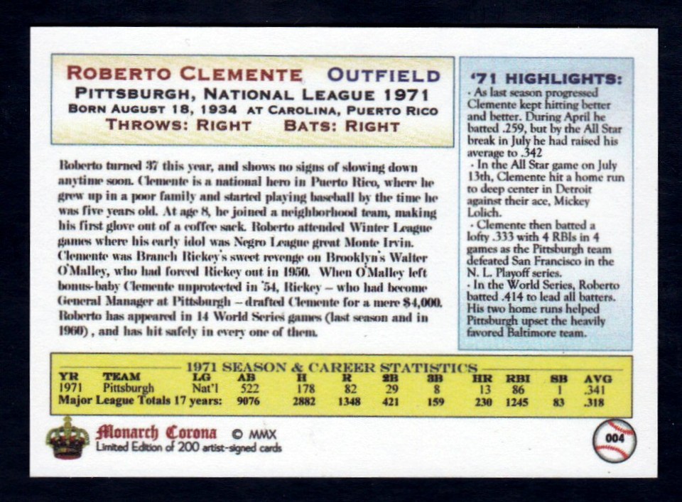 ROBERTO CLEMENTE '71 PITTSBURGH PIRATES MONARCH CORONA / NM+ COND. | eBay