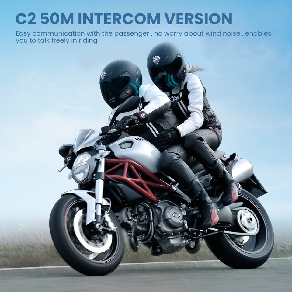 50m Bluetooth Motorcycle Helmet Intercom Headset 2-Riders Wireless ...