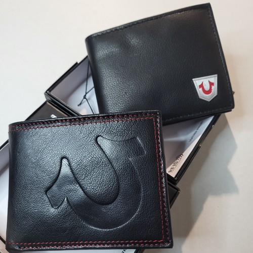 true religion men bifold new black/red leather wallet with tag/box | eBay