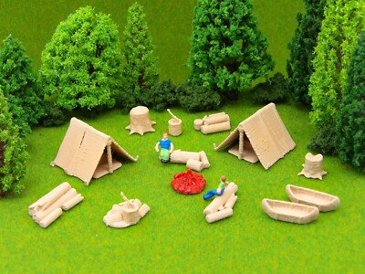 12pc HO Scale Model Train Camping Set with 2 Sleeping Bag Tents Canoes ...