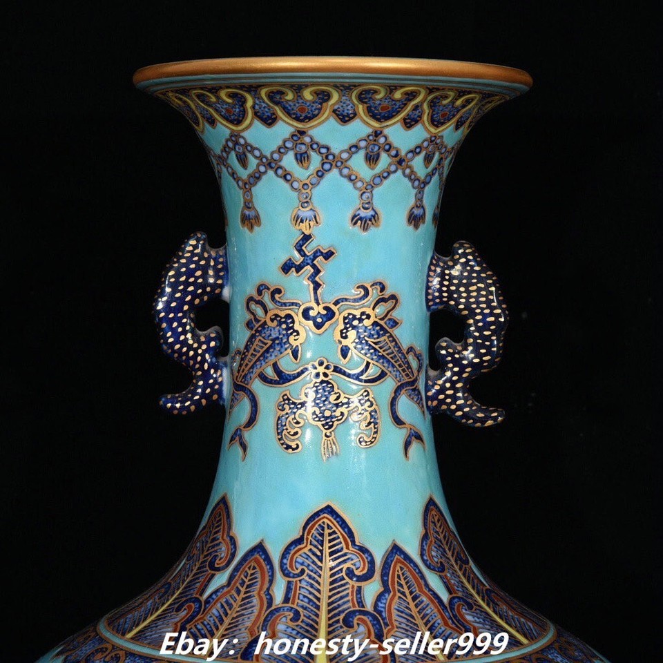 12.9" Qianlong Famille Rose Porcelain Gilt 8 Auspicious Symbol Bottle ...