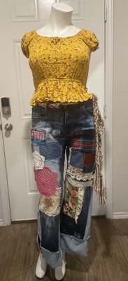 Handmade Upcycled Women’s Art Kantha Patchwork Doily Jeans W/Belt Hippie OOAK | eBay