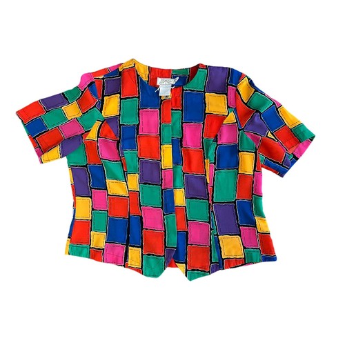 Vintage Retro 90s Kathy Che Silk Colorblock Y2K 90s Square Blouse Top L ...