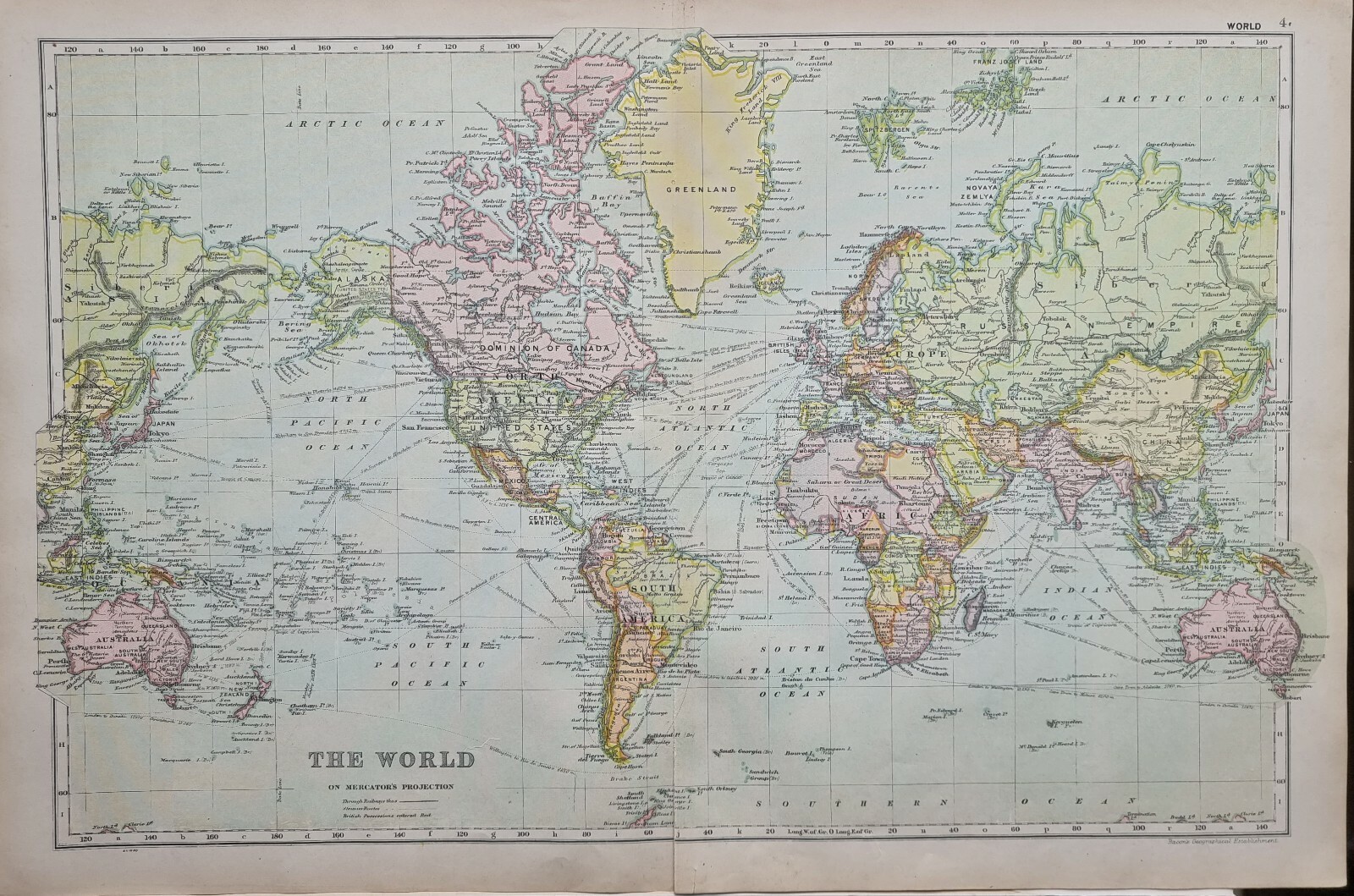 1913 MAP THE WORLD EUROPE ASIA AFRICA STEAMER ROUTES BRITISH ...