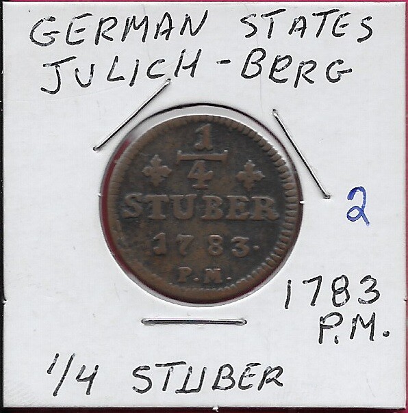 GERMAN STATES JULICH-BERG 1/4 STUBER 1783-P.M. RULER:KARL THEODOR ...