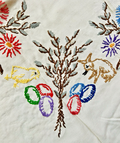 VINTAGE GERMAN HAND EMBROIDERED EASTER TABLE CLOTH TOPPER, BUNNIES EGGS ...