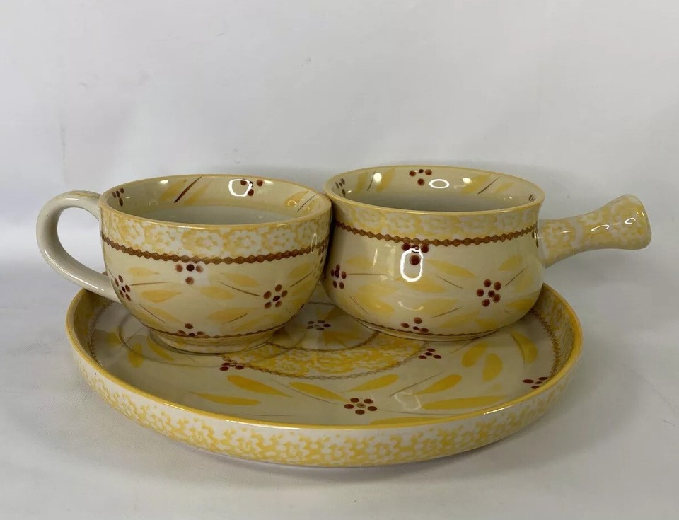 TEMPTATIONS by TARA 3PC. BROWN SNACK PLATE & BOWLS SET OLD WORLD YELLOW ...