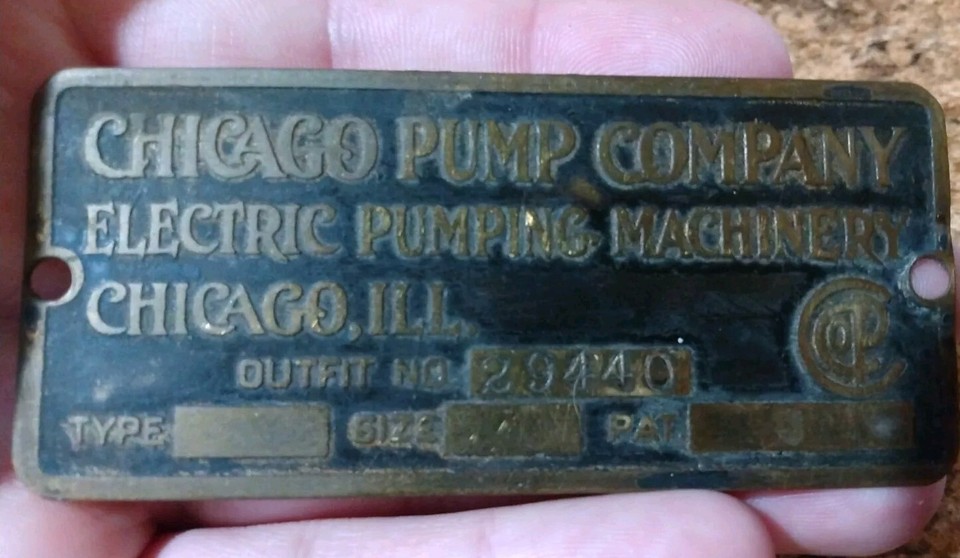 Vintage Chicago Pump Co. Electric Pumping Machinery Brass Tag Company ...