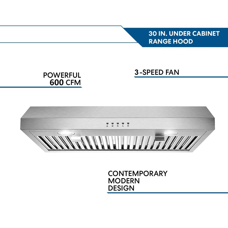 30 in Under Cabinet Range Hood Black/Sliver Cook Fan w/LEDs 600CFM 3 ...