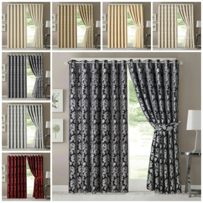Jacquard Ring Top Heavy Door Curtains Ready Made Fully Lined 2 Matching ...