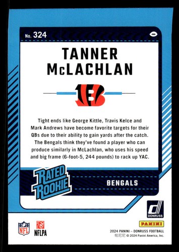 2024 Donruss #324 TANNER MCLACHLAN Rated Rookie Card! HOT! BENGALS | eBay