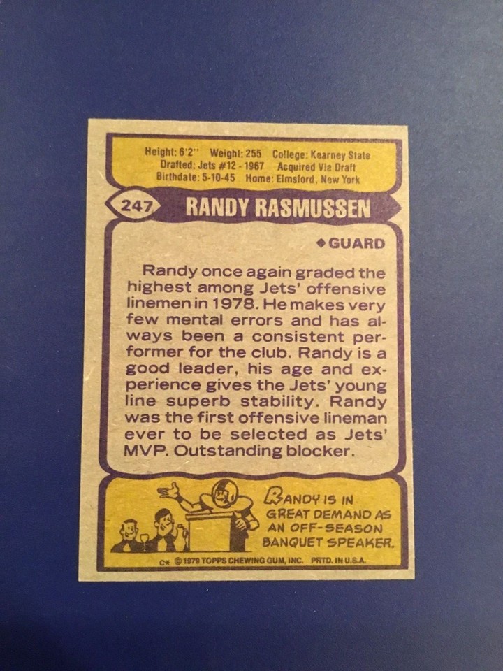 1979 Topps #247 RANDY RASMUSSEN Set Break MINT New York Jets Sharp Look ...