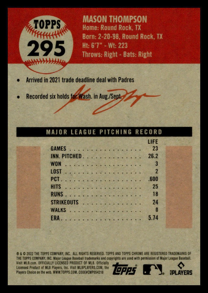 2022 Topps Chrome Platinum Anniversary Mason Thompson #295 Washington ...