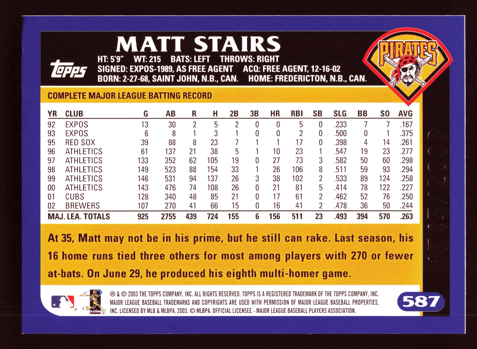 2003 Topps - Gold #587 Matt Stairs /2003 for sale online | eBay